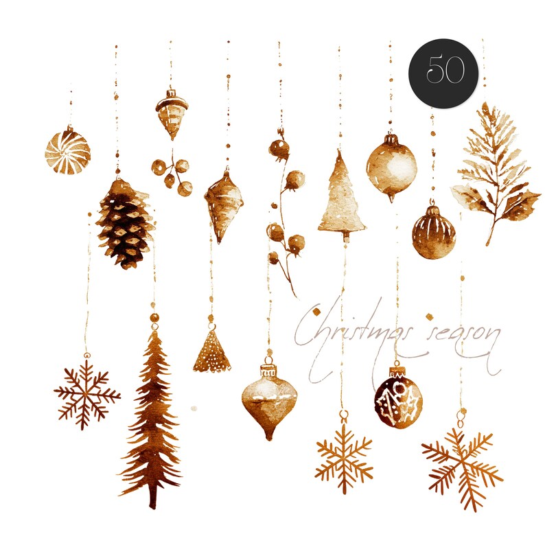 Gold Christmas Clipart Bundle - Watercolor Christmas Trees, Ornaments ...