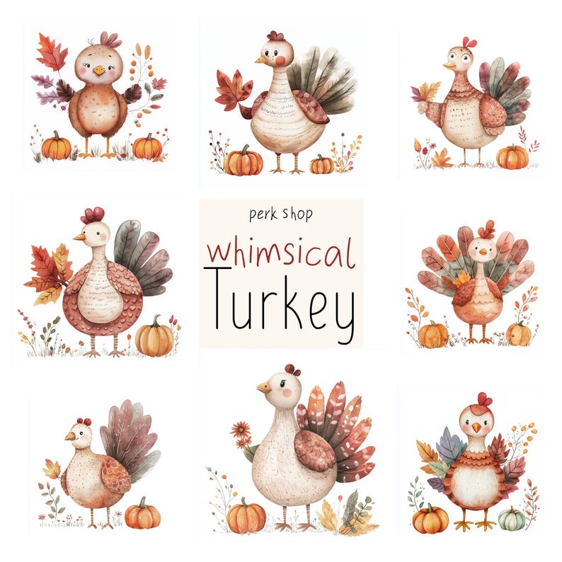 Watercolor Turkey Clipart: Whimsical Autumn Bird (digital Download) - Etsy
