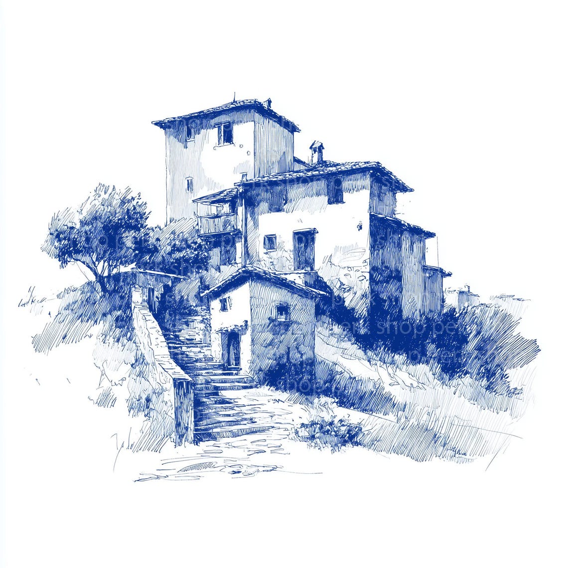 Italian Countryside House Sketch Printable, Vintage Pen Ink Drawing ...