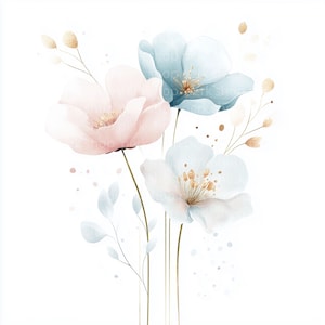 11 Pink Blue Flower Clipart, Pink Gold Flowers Print, Floral Printable ...