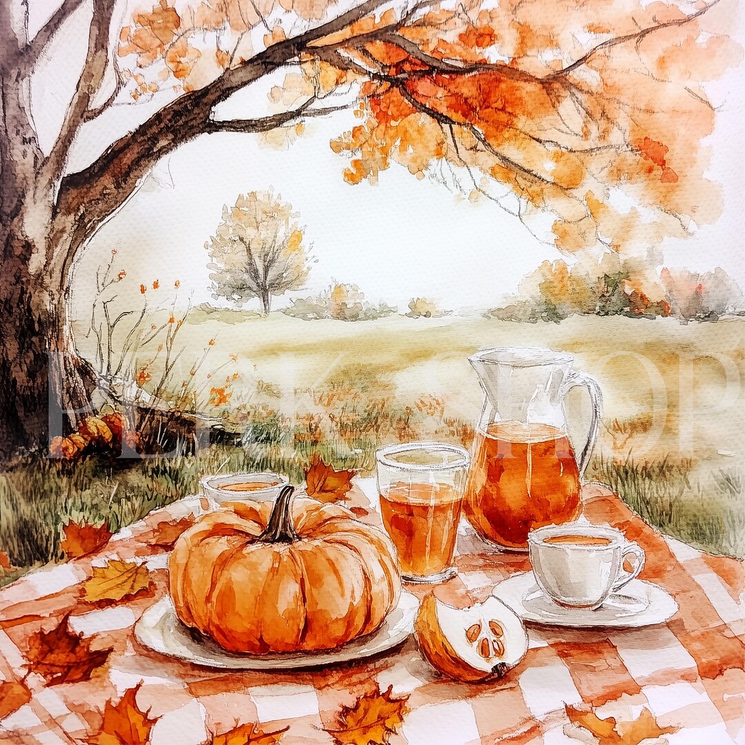 Autumn Pumpkin Picnic Watercolor Art: Fall Landscape (digital Download ...