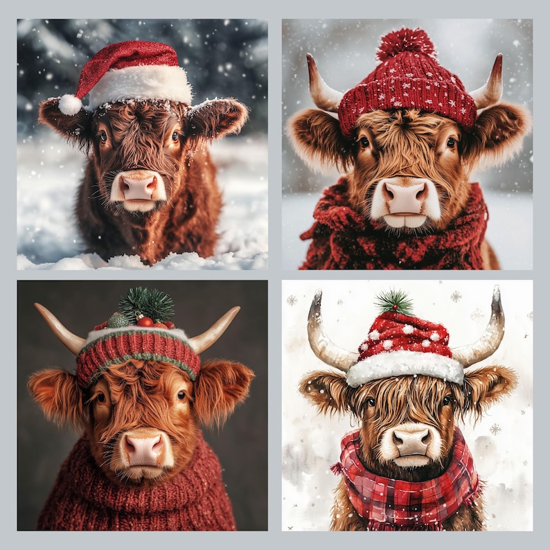 12 Christmas Highland Cow Digital Prints, Winter Farm Animal Wall Art ...