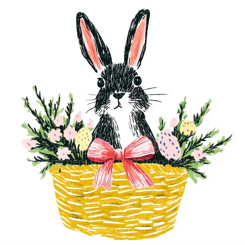 Easter Bunny Clipart, Spring Rabbit With Basket Flowers, Scrapbooking ...