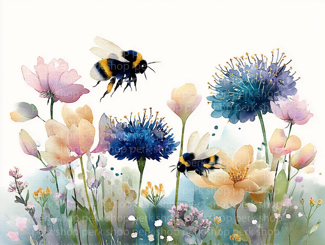 Watercolor Bee Clipart: Floral Spring Garden Border Set (digital ...