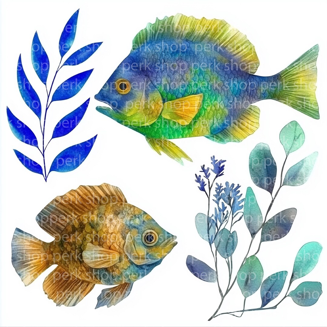 Watercolor Fish Clipart Set: Tropical Sea Life & Botanical Leaves (JPG ...
