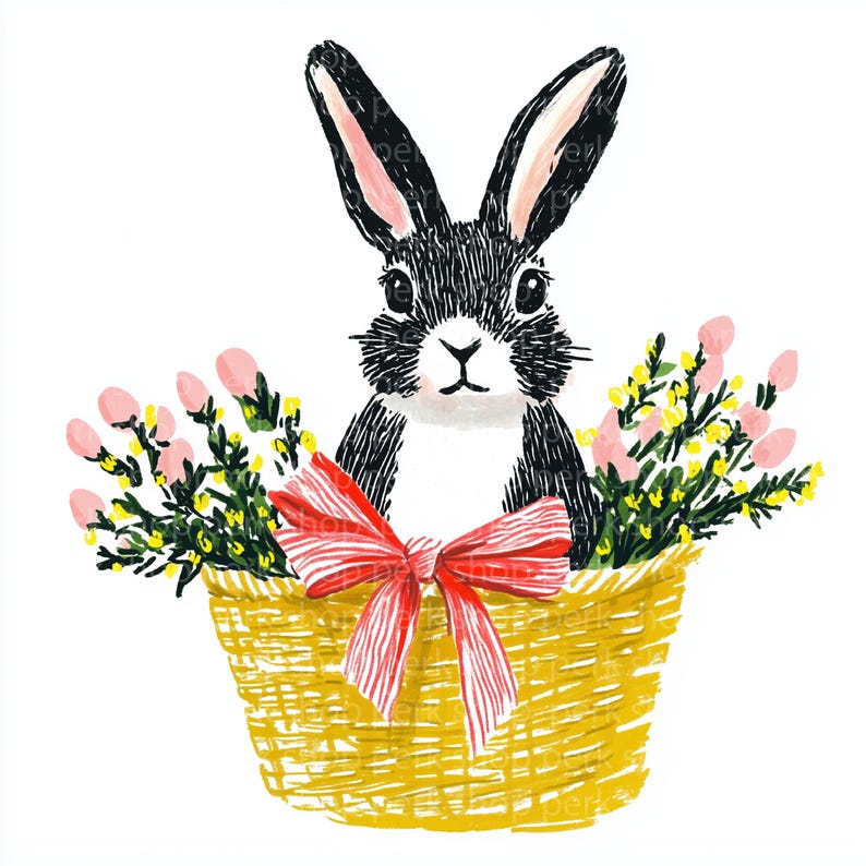 Easter Bunny Clipart, Spring Rabbit With Basket Flowers, Scrapbooking ...