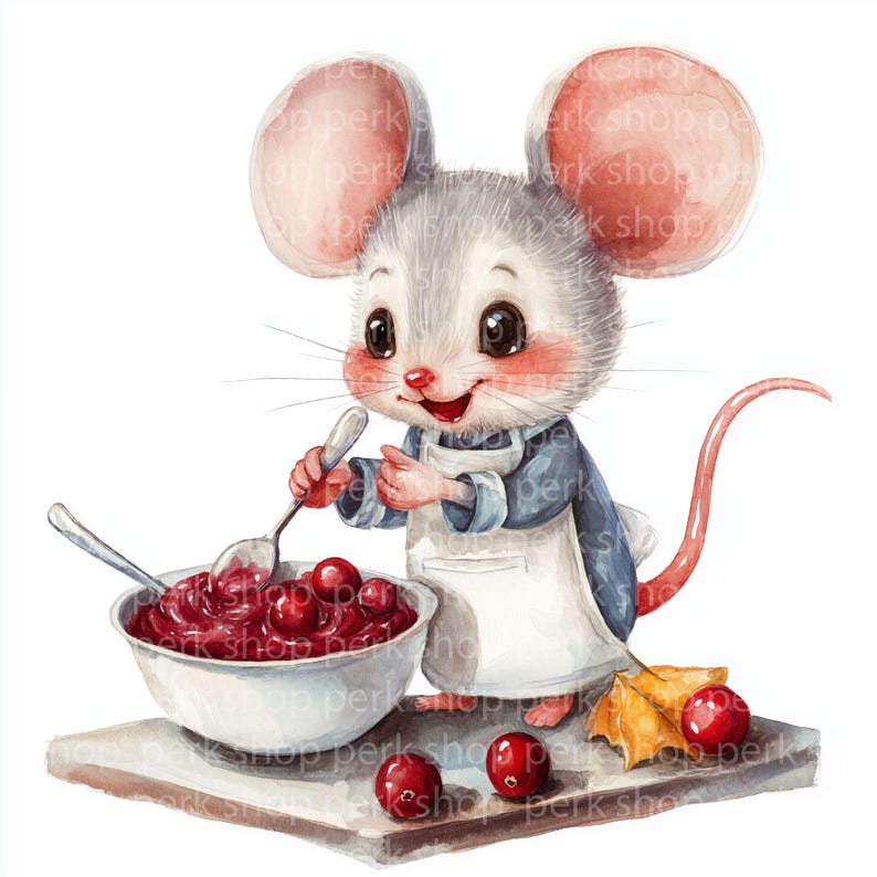 12 Mouse Chef Clipart, Cranberry Sauce Watercolor, Cute Autumn Animal ...