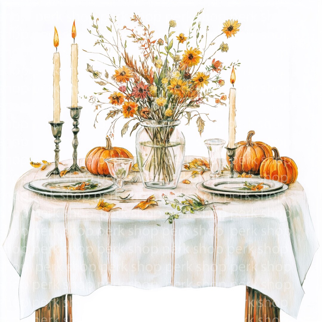Watercolor Thanksgiving Table Print: Autumn Floral Centerpiece (digital ...