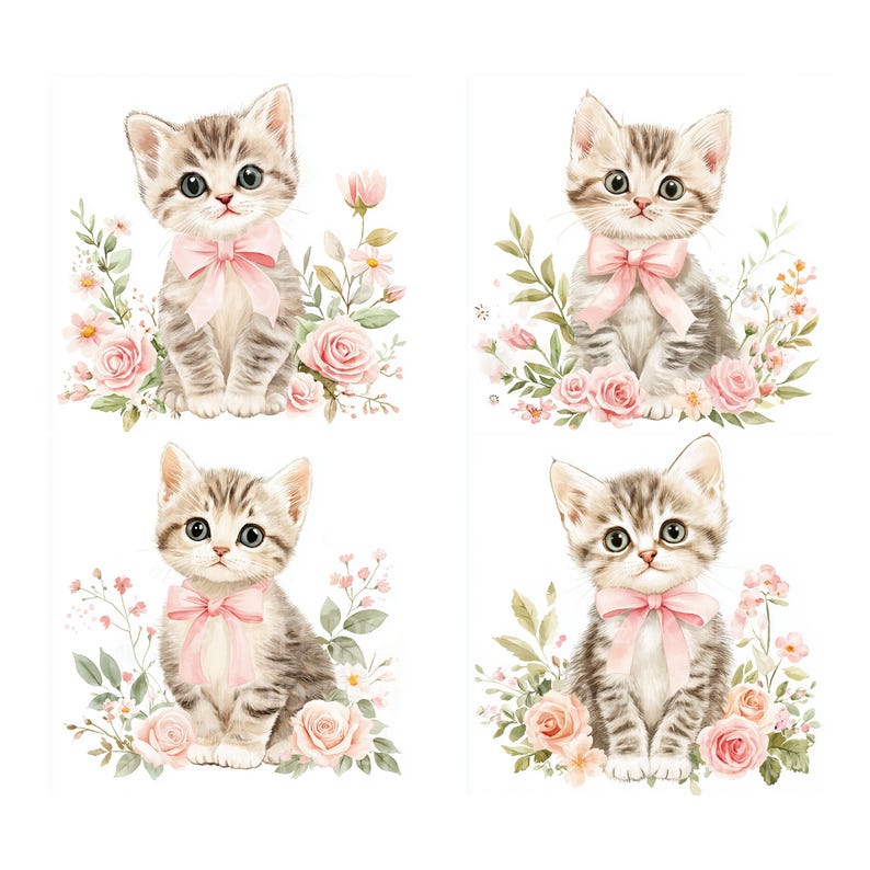 5 Kitten in Rose Clipart, Cute Cat Printable High-quality Jpgs, Pet ...