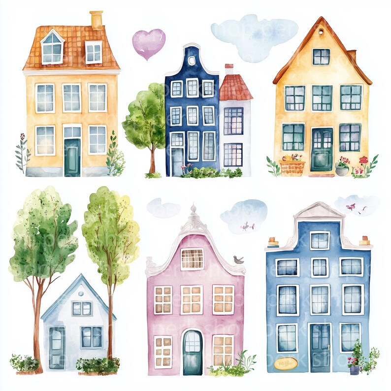 6 Cute Houses Clipart, Watercolor City Buildings, Dutch Urban ...