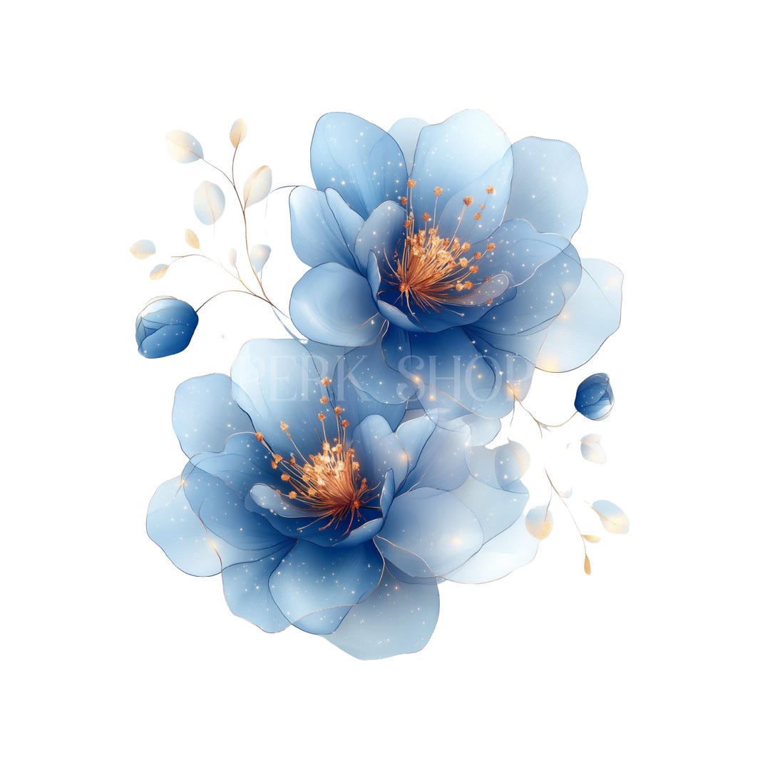Blue Watercolor Flowers Clipart: Shimmering Floral PNG (digital ...