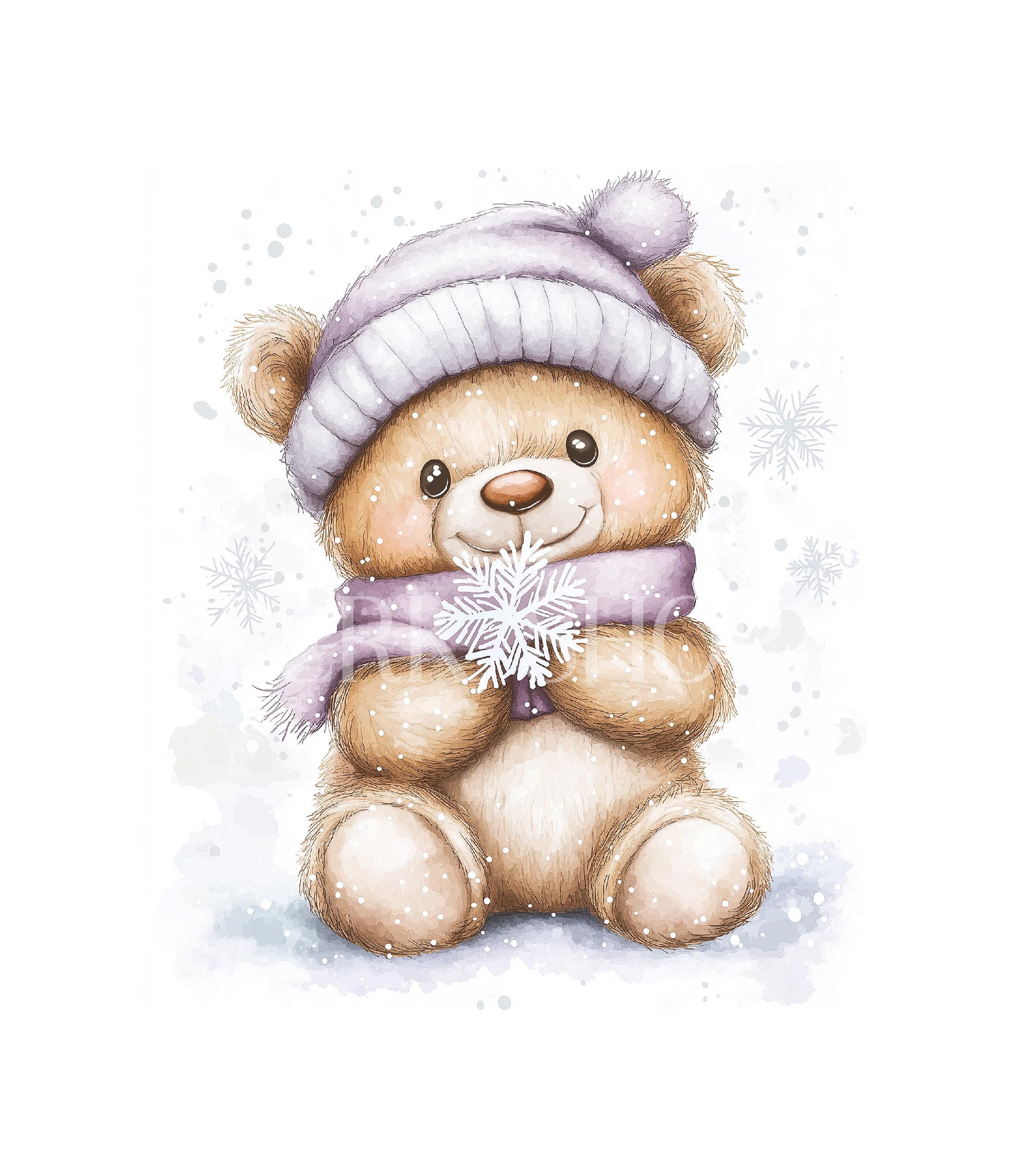Watercolor Christmas Teddy Bear Clipart: Winter Snowflakes (digital ...