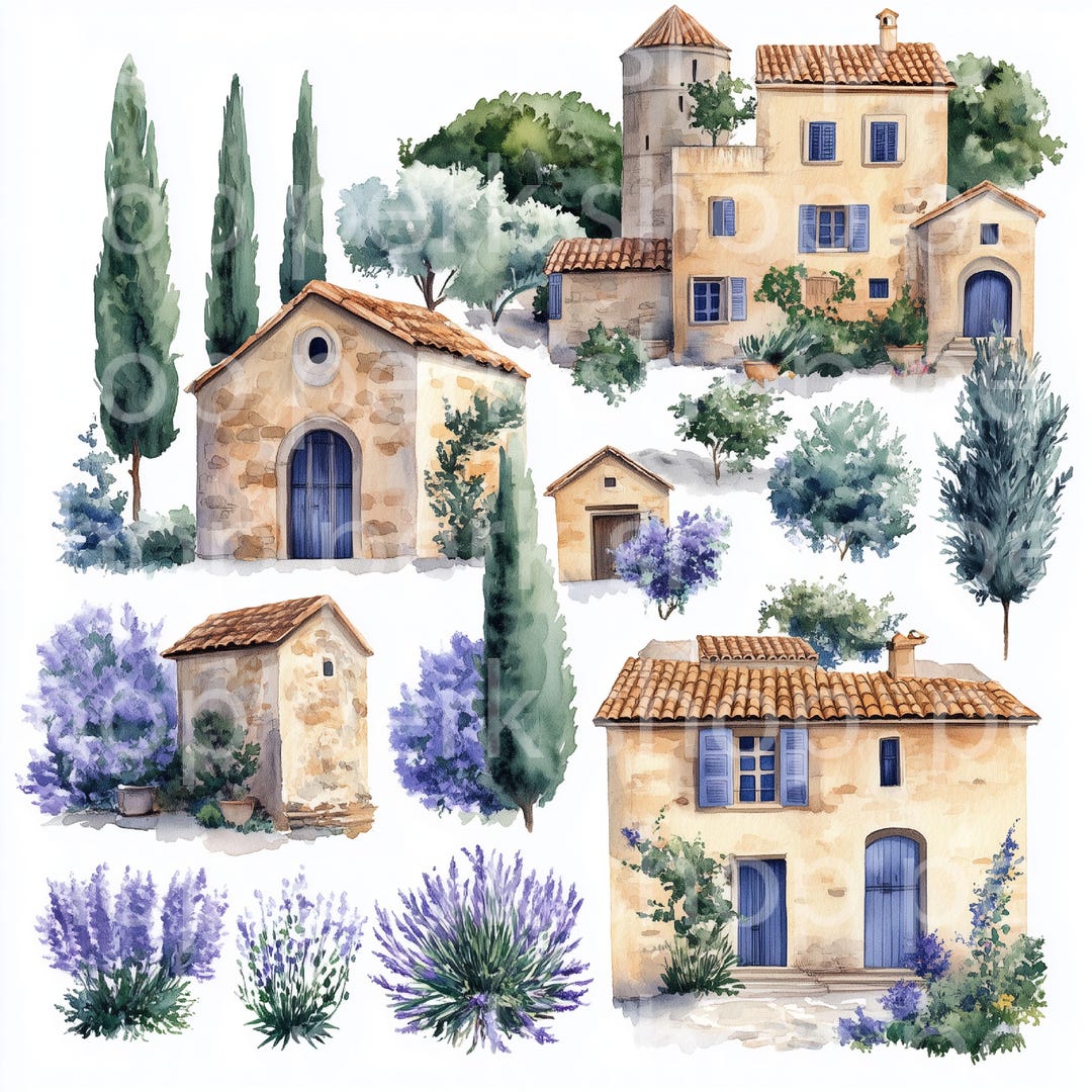 Provence Watercolor Clipart: French Village & Lavender (digital ...