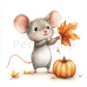 17 Mouse With Autumn Leaf Clipart, Watercolor Animal, Pumpkin Fall ...
