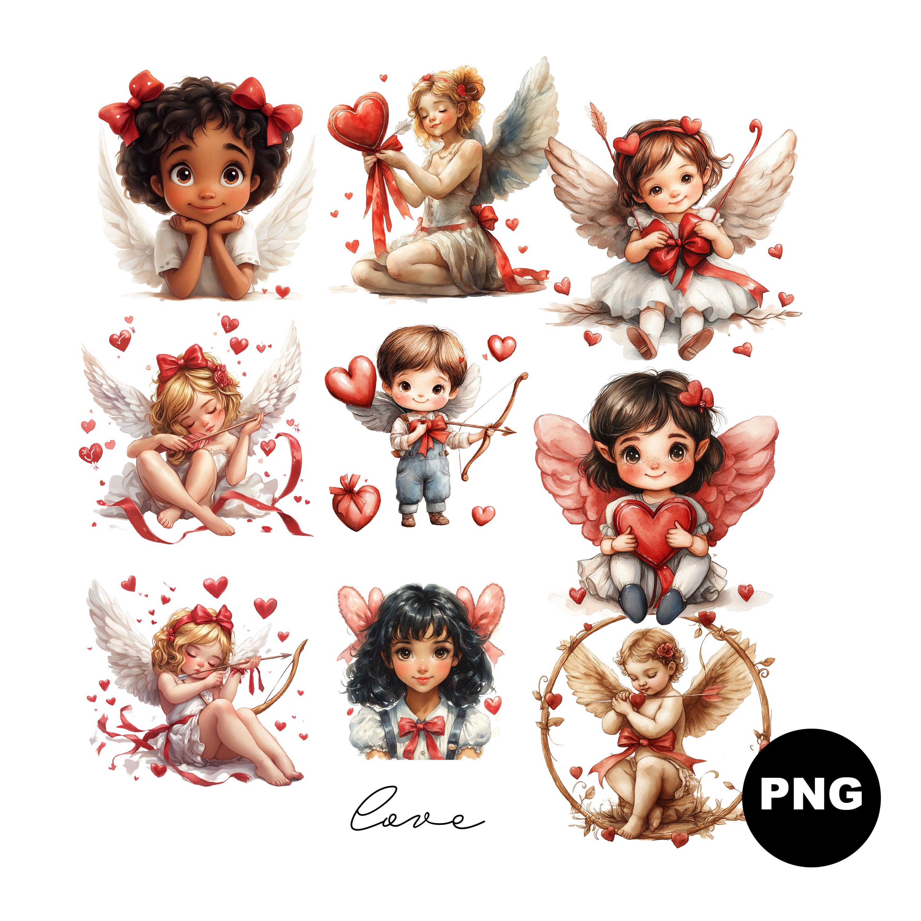9 Valentine's Day Cupid Clipart, Fairy Angels Illustrations, Black ...