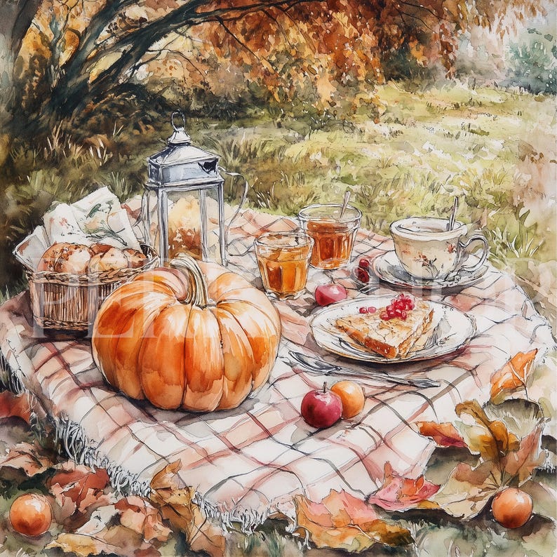 Autumn Pumpkin Picnic Watercolor Art: Fall Landscape (digital Download ...