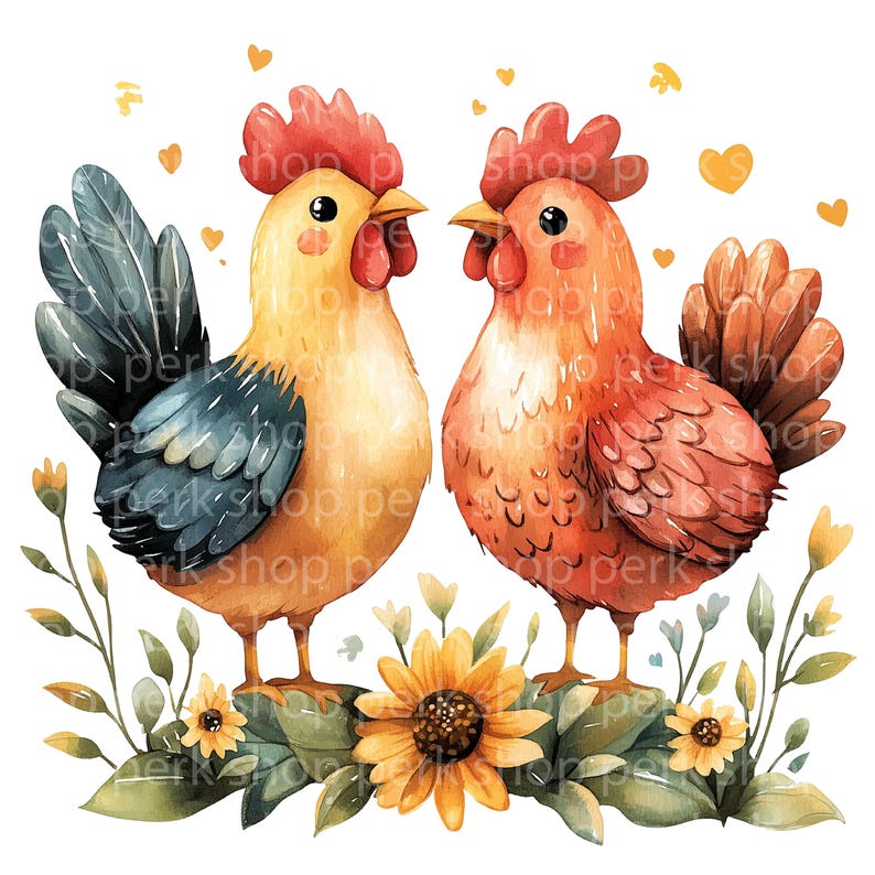 Watercolor Hen and Chick Clipart: Farm Animal Floral PNG (digital ...