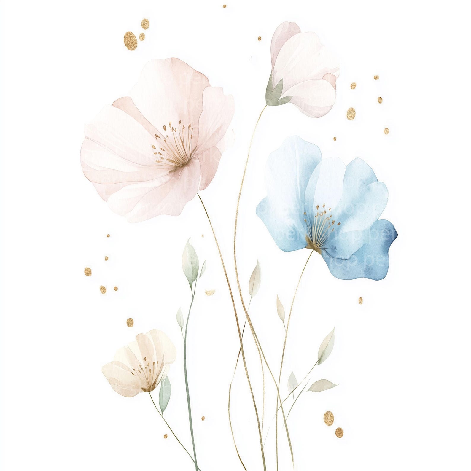 Watercolor Floral Clipart: Pink, Blue & Gold Flowers (digital Download ...