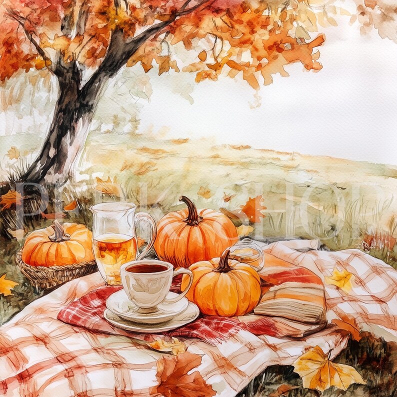 Autumn Pumpkin Picnic Watercolor Art: Fall Landscape (digital Download ...