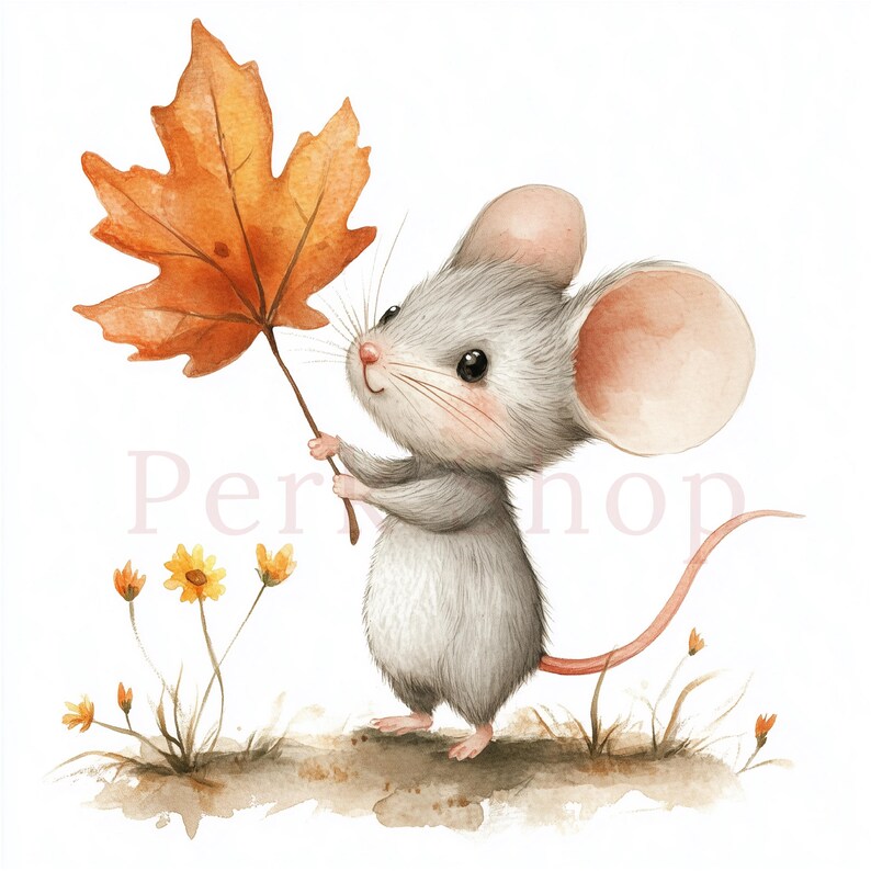 17 Mouse With Autumn Leaf Clipart, Watercolor Animal, Pumpkin Fall ...