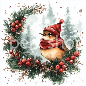 Robin Christmas Clipart: Watercolor Winter Bird Digital Decor (download ...