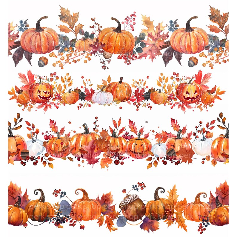 Autumn Pumpkin Border Clipart, Fall Watercolor Leaves Garland PNG ...
