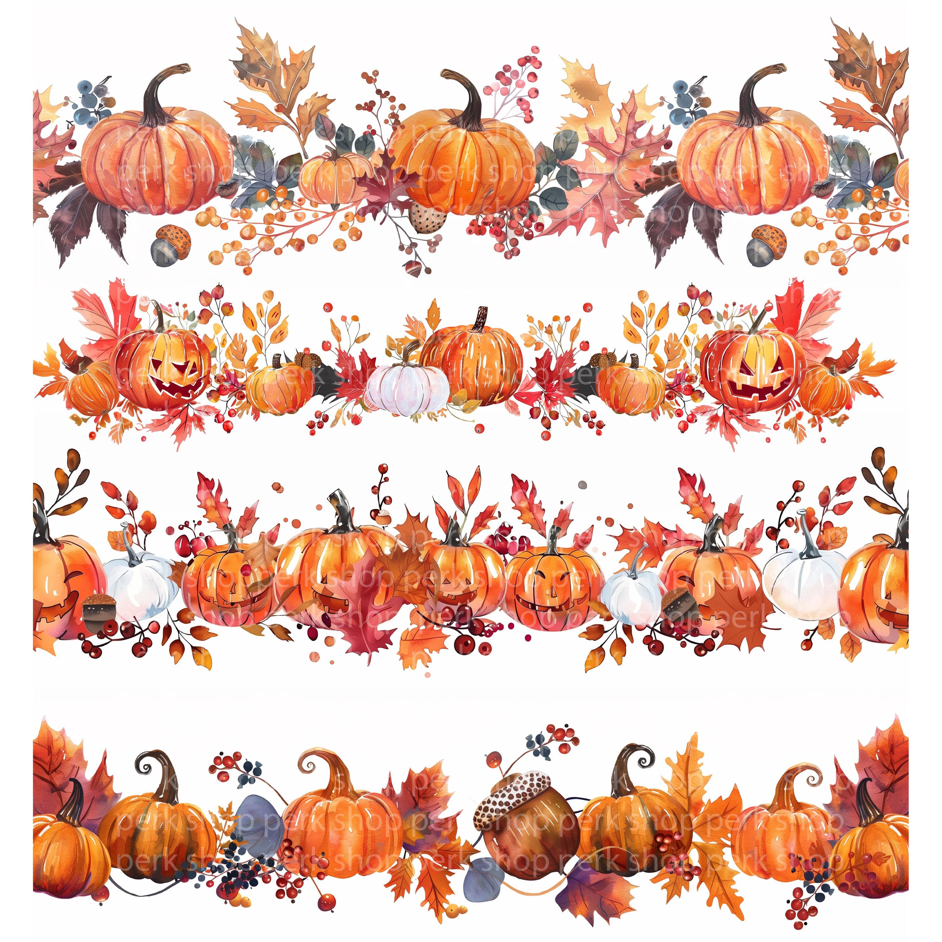 Autumn Pumpkin Border Clipart, Fall Watercolor Leaves Garland PNG ...