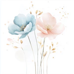 11 Pink Blue Flower Clipart, Pink Gold Flowers Print, Floral Printable ...