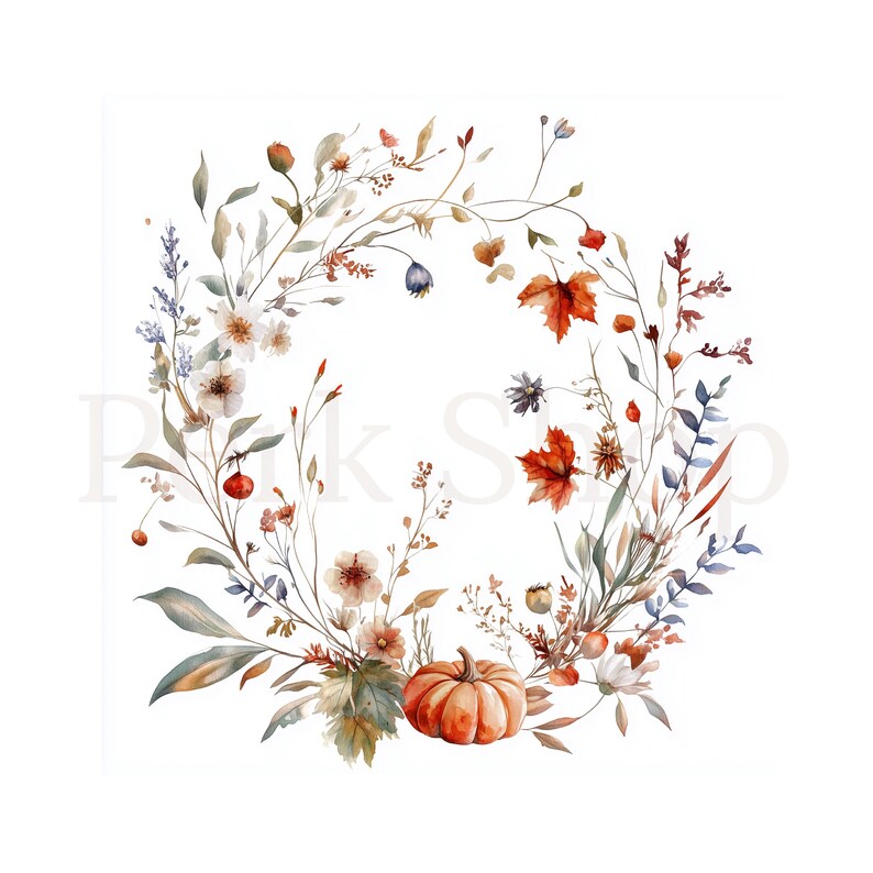 Autumn Watercolor Floral Wreaths Clipart: Fall Flowers, Leaves ...