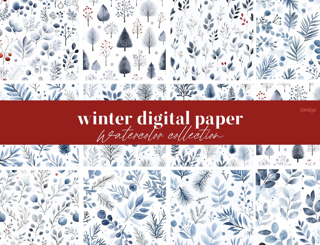 24 Winter Digital Paper, Blue Watercolor Botanical Clipart, Printable ...