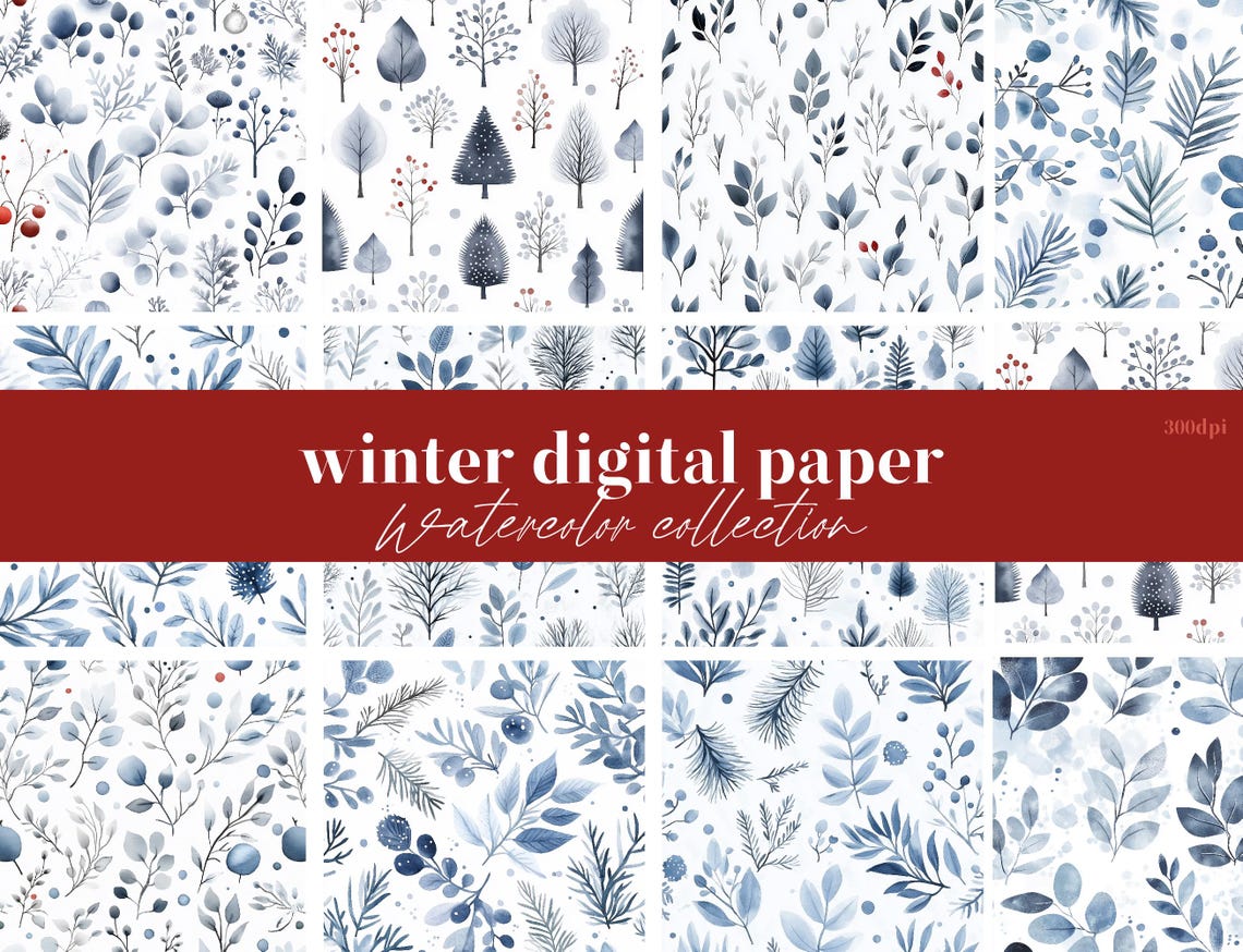 24 Winter Digital Paper, Blue Watercolor Botanical Clipart, Printable ...