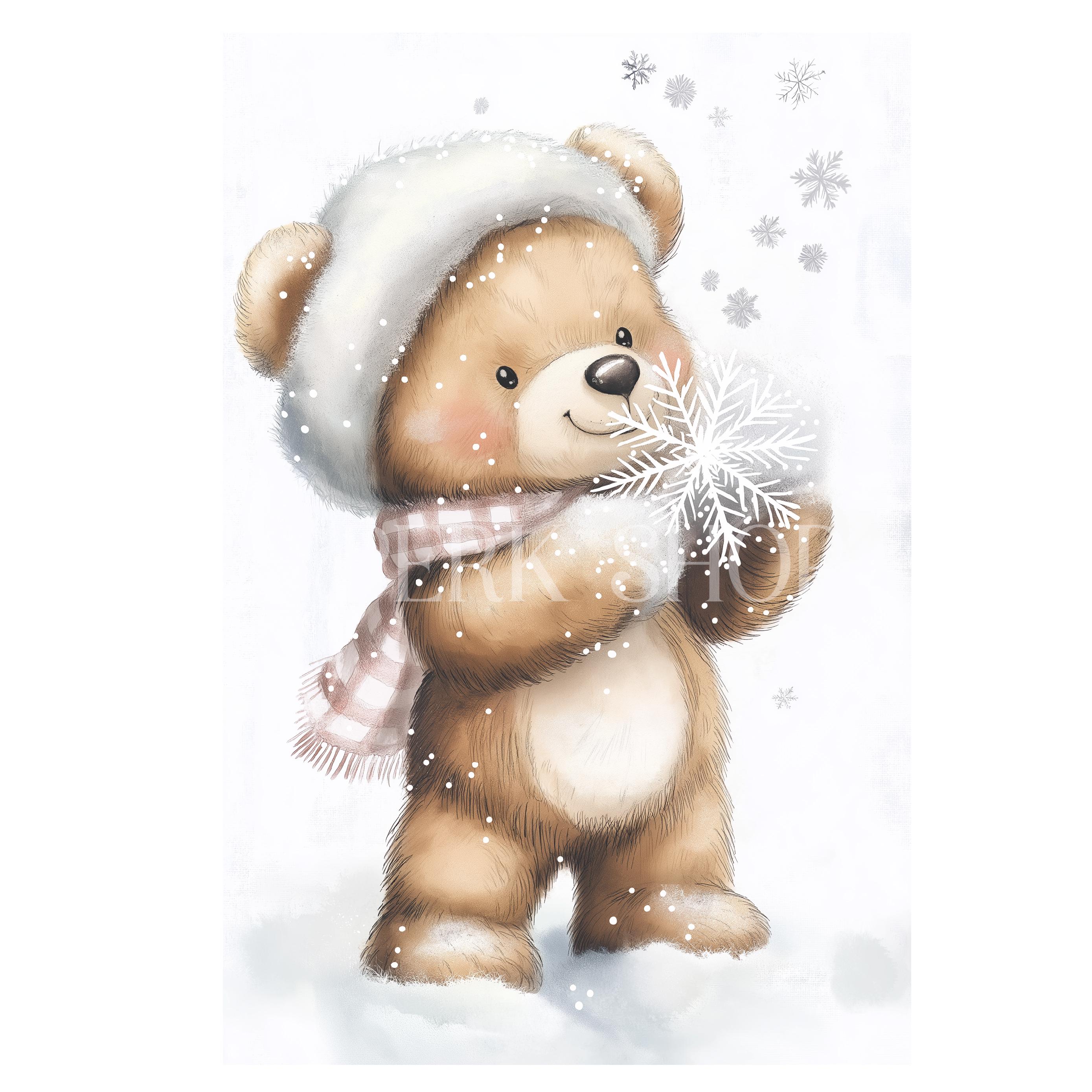 Watercolor Christmas Teddy Bear Clipart: Winter Snowflakes (digital ...