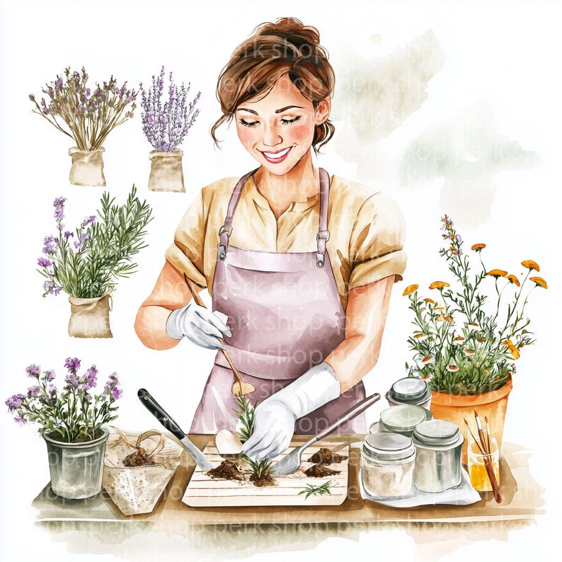 Gardening Girl Clipart: Boho Woman Planting Illustration (digital ...
