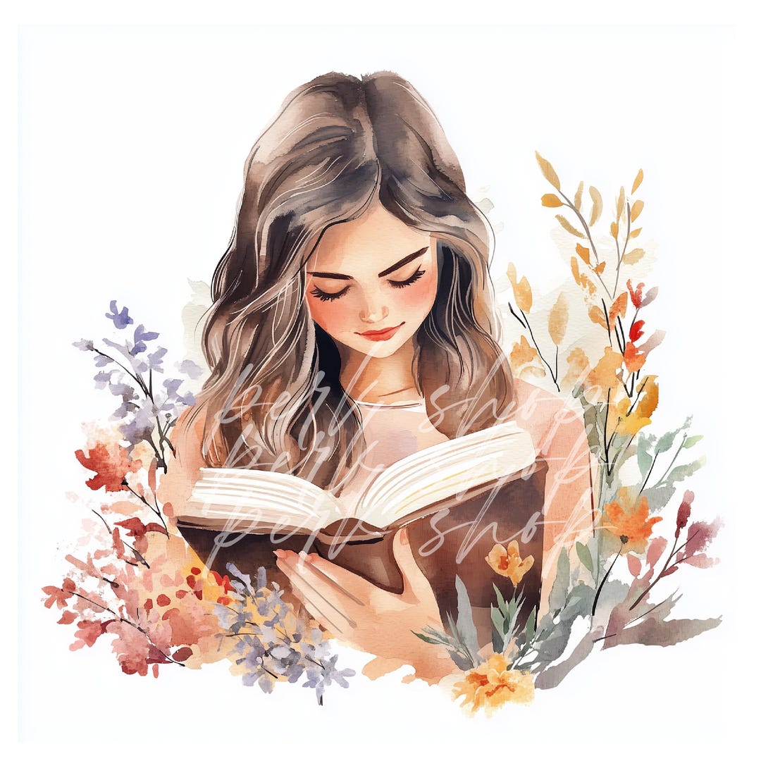 9 Reading Girl Floral Clipart, Bookish Watercolor Printable Art, Autumn ...