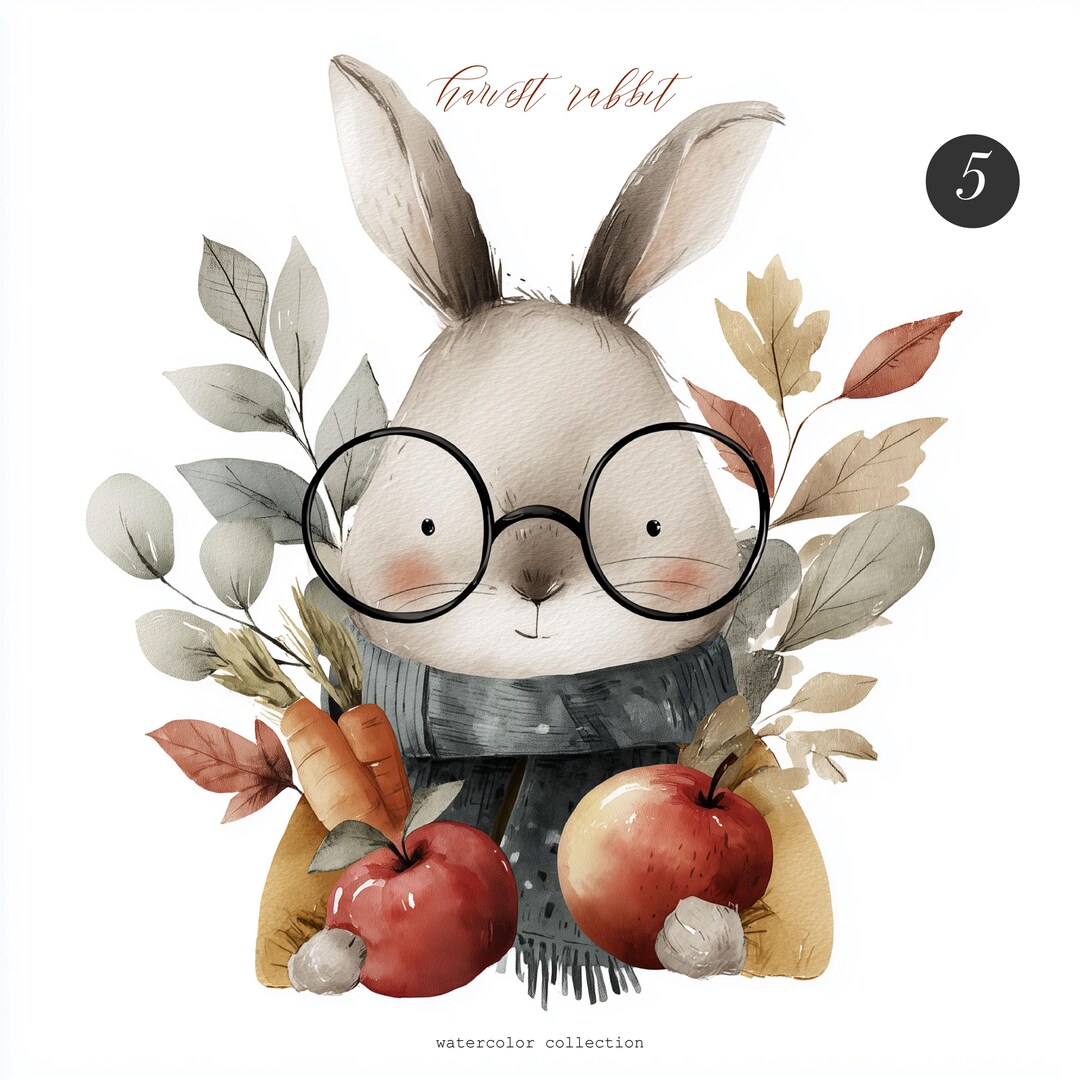 Watercolor Bunny Fall Clipart: Autumn Harvest, Nursery Art (digital ...