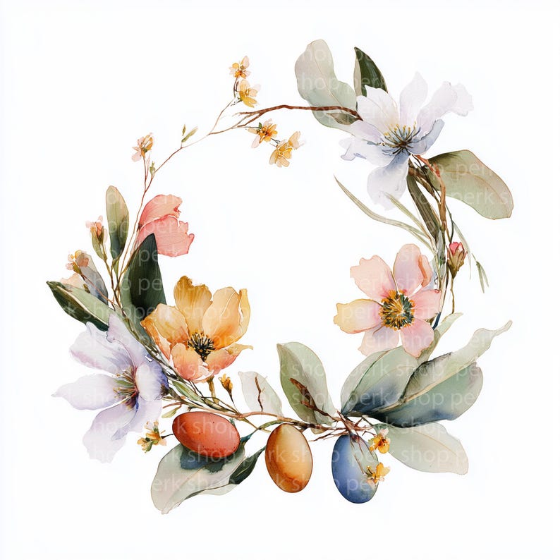 9 Easter Floral Wreath Clipart PNG, Watercolor Spring Flowers Eggs ...