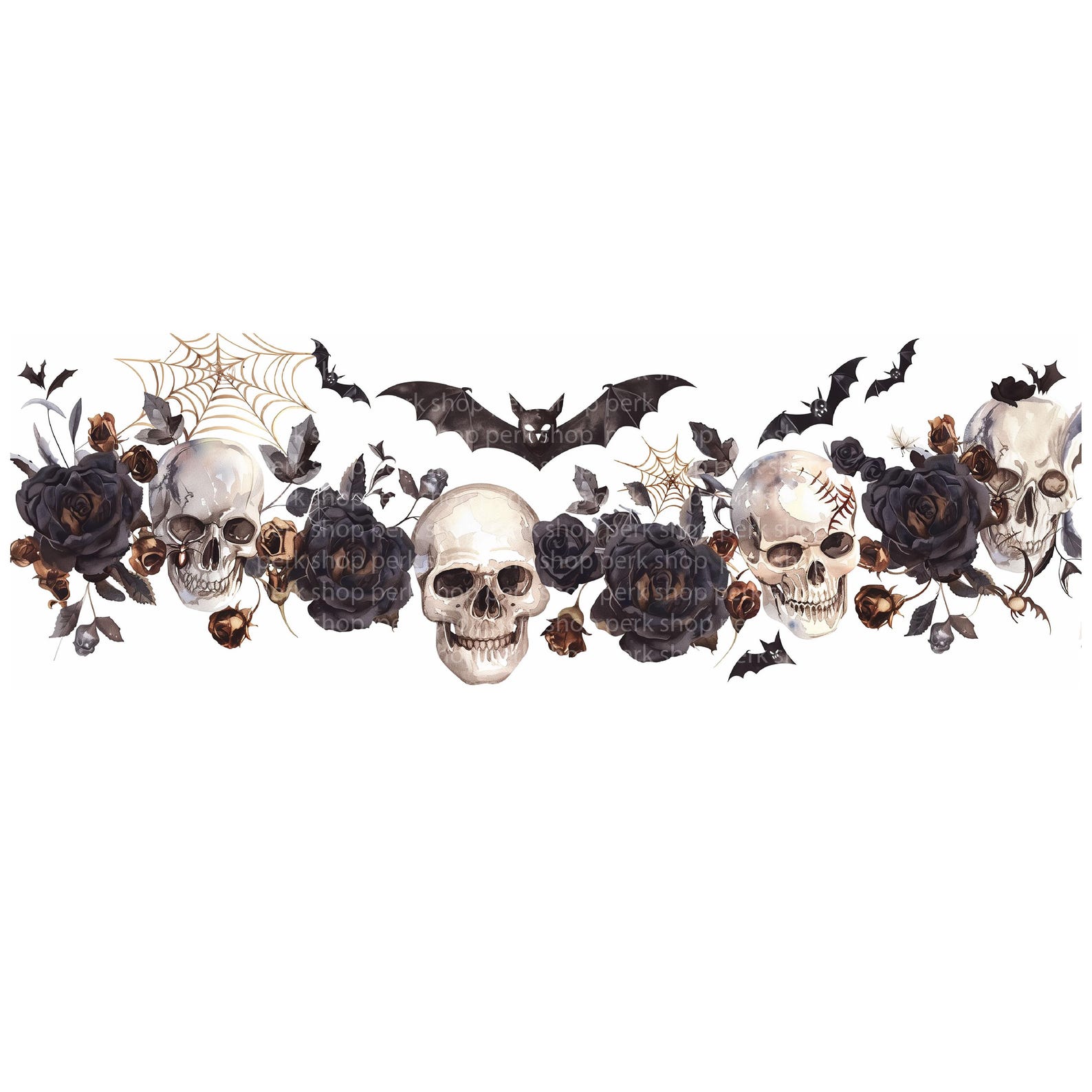Halloween Borders Clipart, Watercolor Skull and Rose PNG, Halloween ...