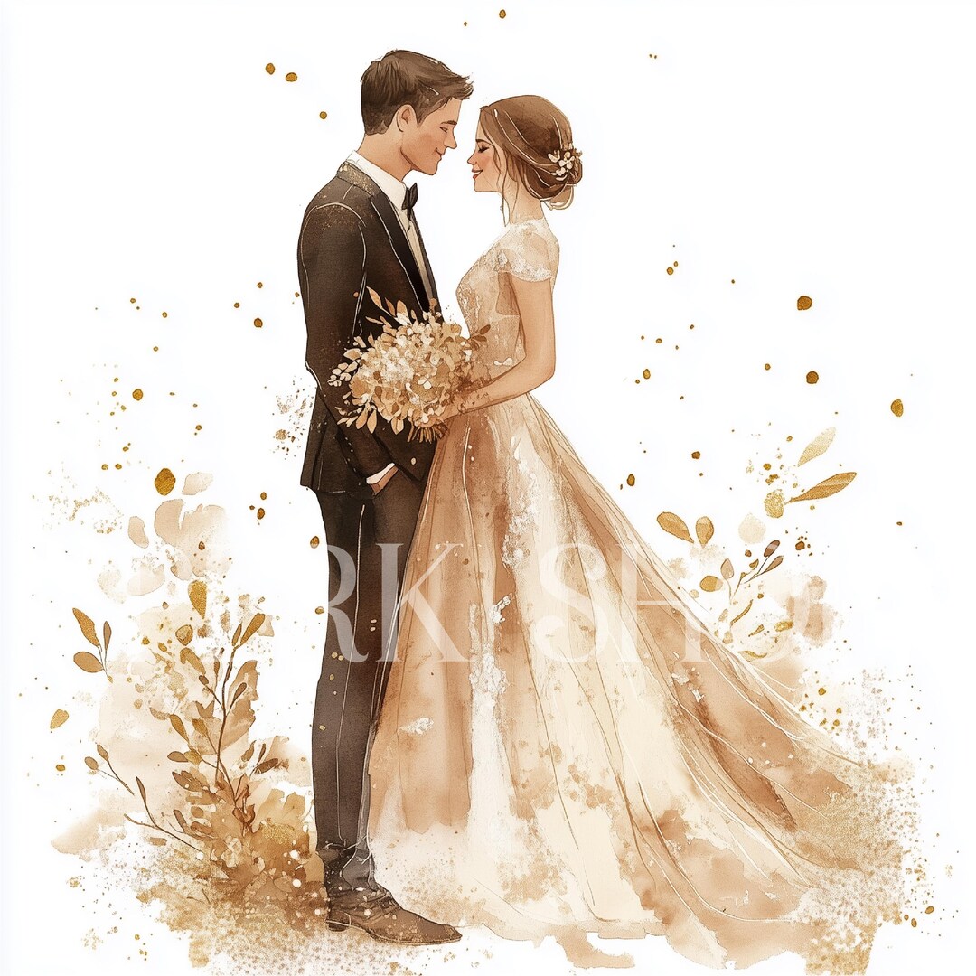 Autumn Wedding Couple Watercolor Clipart: Beige Invitation Design ...