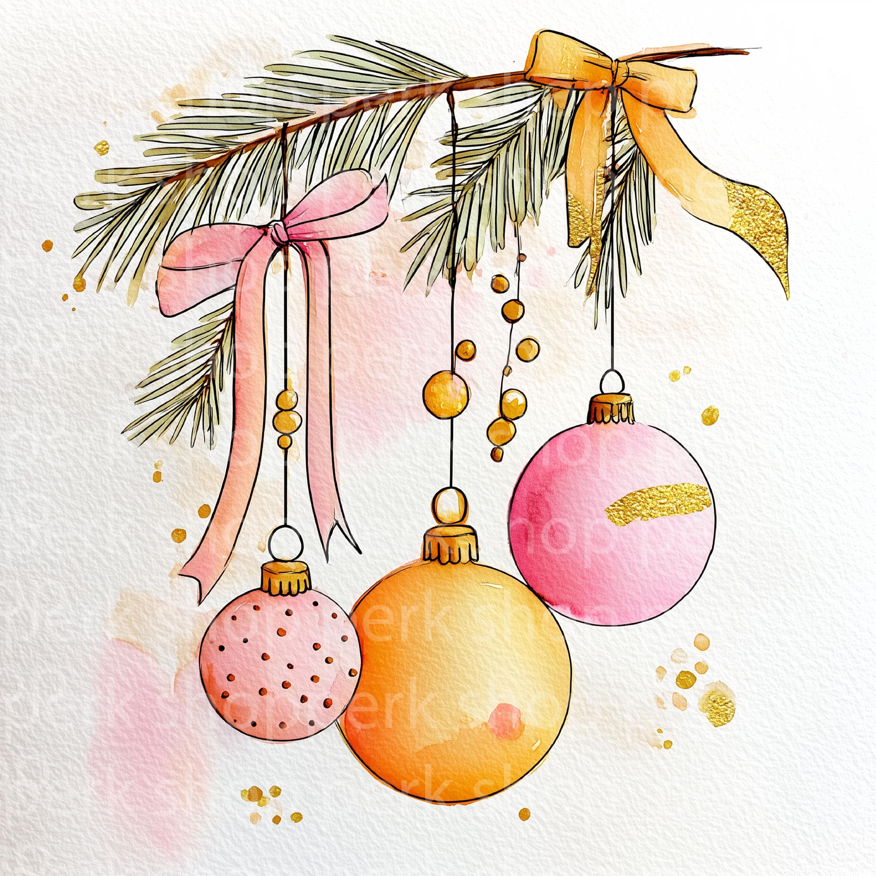 Pink Christmas Corner Clipart, Watercolor Baubles Ornaments, Feminine ...