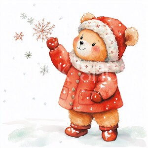17 Teddy Bear Catch Winter Snowflakes Clipart, Watercolor Cute Cartoon ...