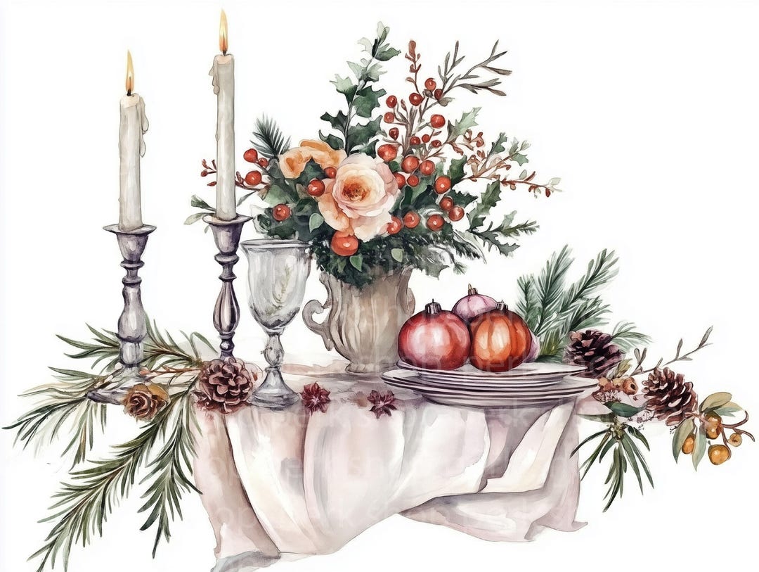 10 Christmas Table Clipart, Holidays Dinner Decor Watercolor, Printable ...
