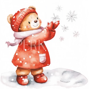 17 Teddy Bear Catch Winter Snowflakes Clipart, Watercolor Cute Cartoon ...