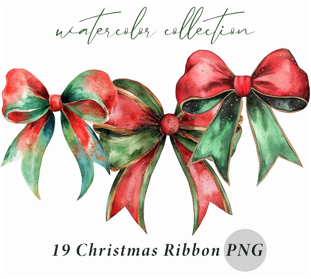 19 Festive Christmas Ribbons Set - PNG Transparent Watercolor Designs ...