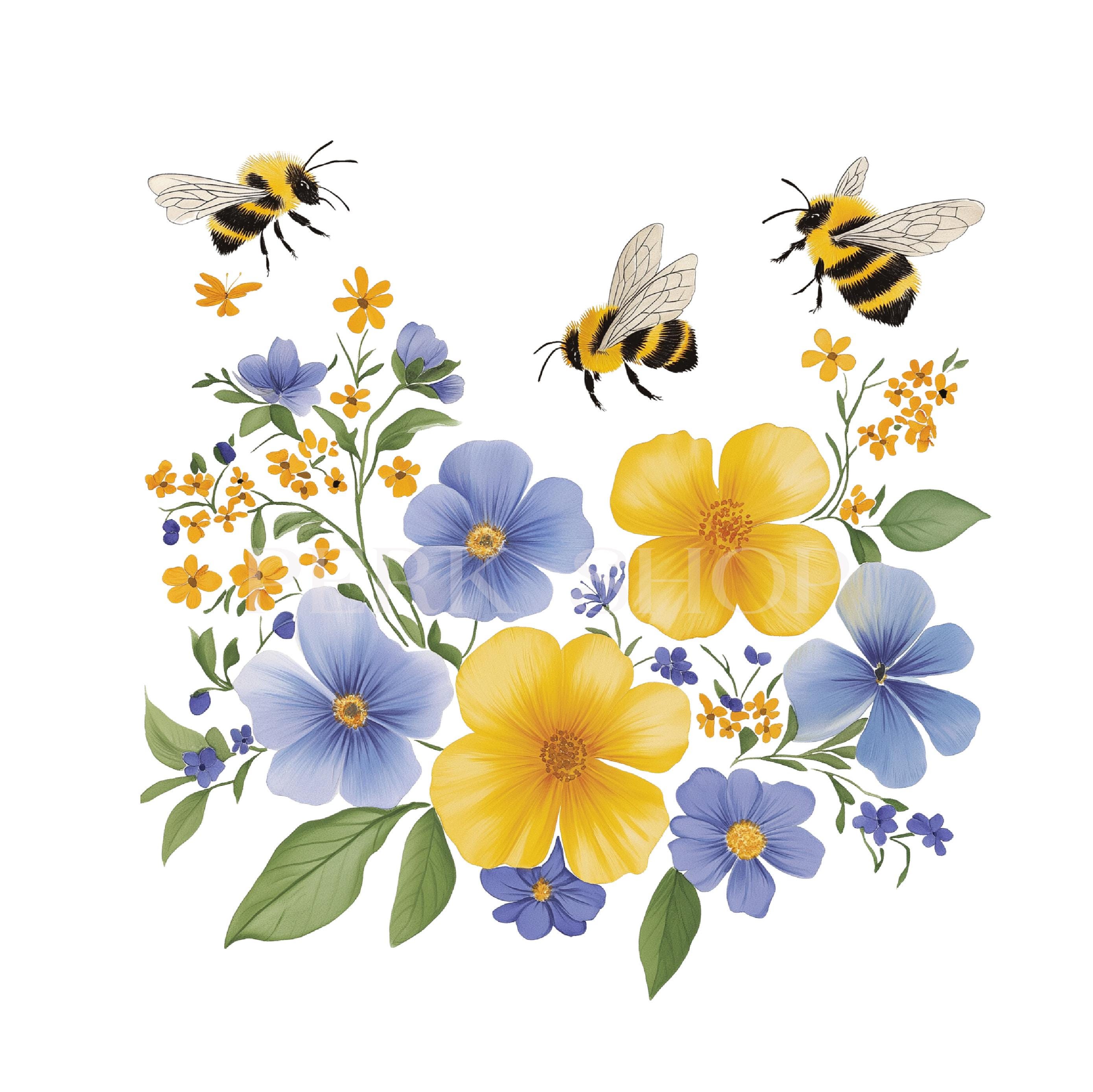 Floral Bee PNG Clipart: Watercolor Wildflower Borders (digital Download ...