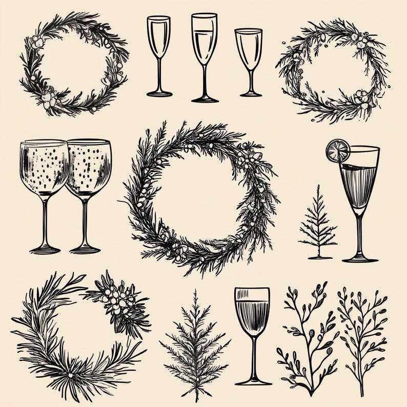 Vintage Christmas Icons, Hand Drawn Xmas Clipart, Coquette Dinner ...