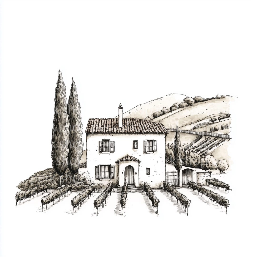 Vineyard House Sketch Clipart: Rustic Farmhouse Illustration (instant ...