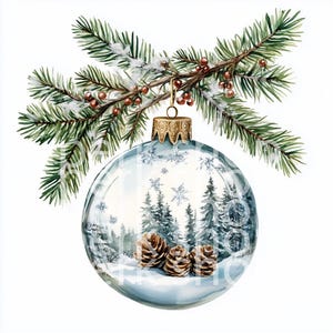 10 Christmas Tree Bauble Clipart, Winter Landscape Watercolor Art ...