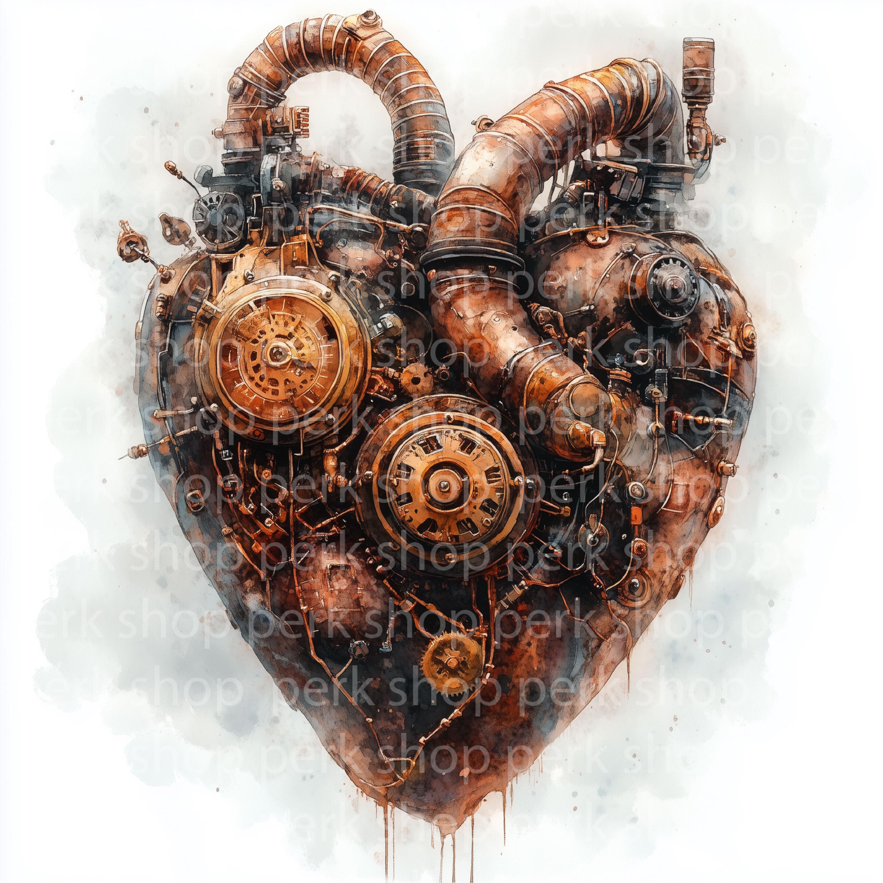 12 Steampunk Heart Clipart, Mechanical Heart Watercolor, Cyberpunk ...