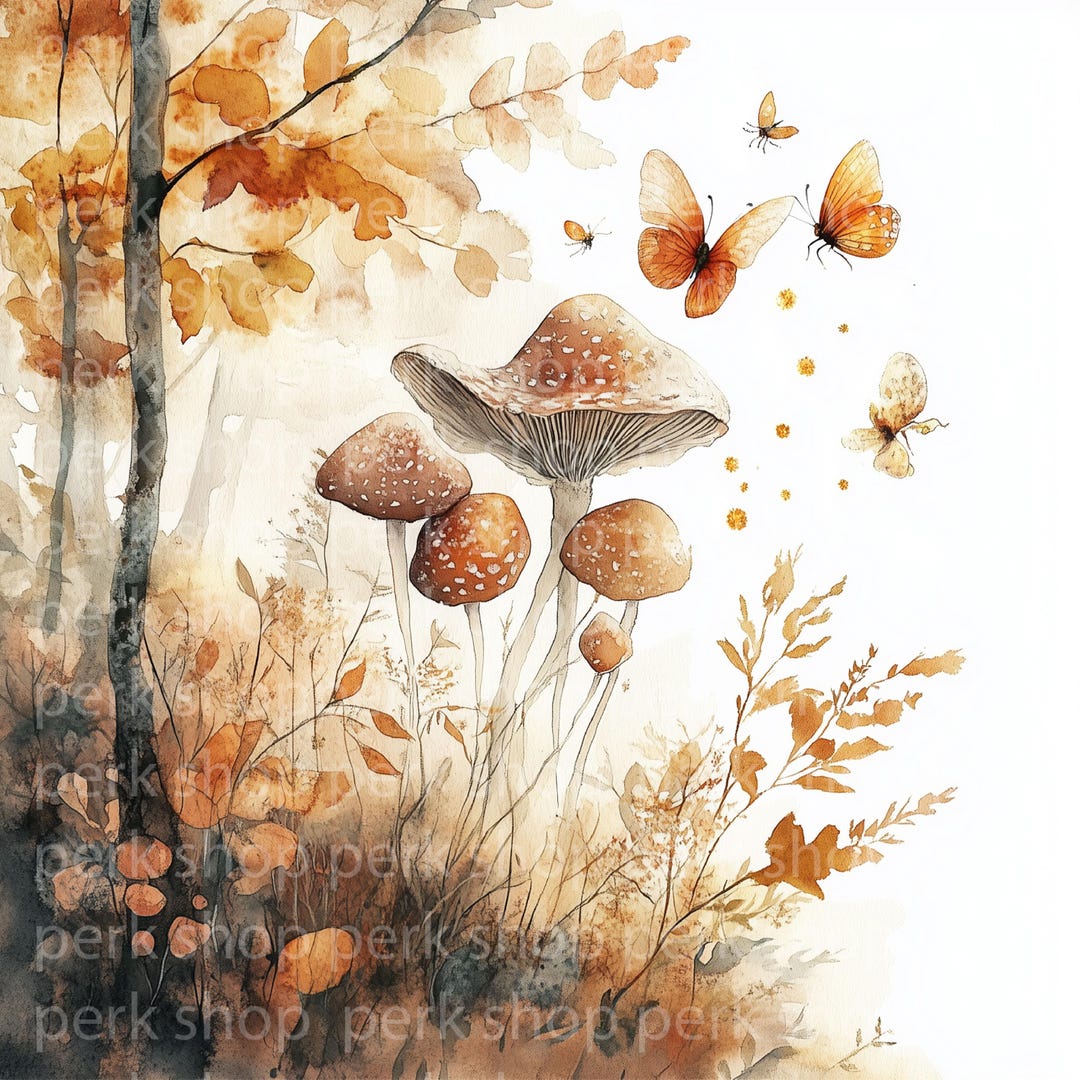 Mushroom Forest Watercolor Clipart: Boho Woodland Printables (digital ...