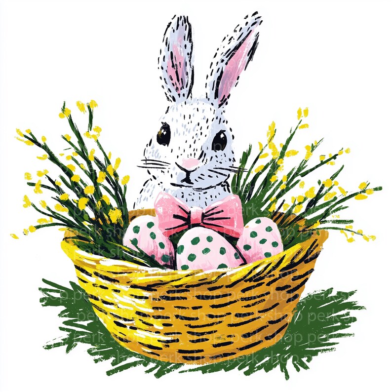 Easter Bunny Clipart, Spring Rabbit With Basket Flowers, Scrapbooking ...